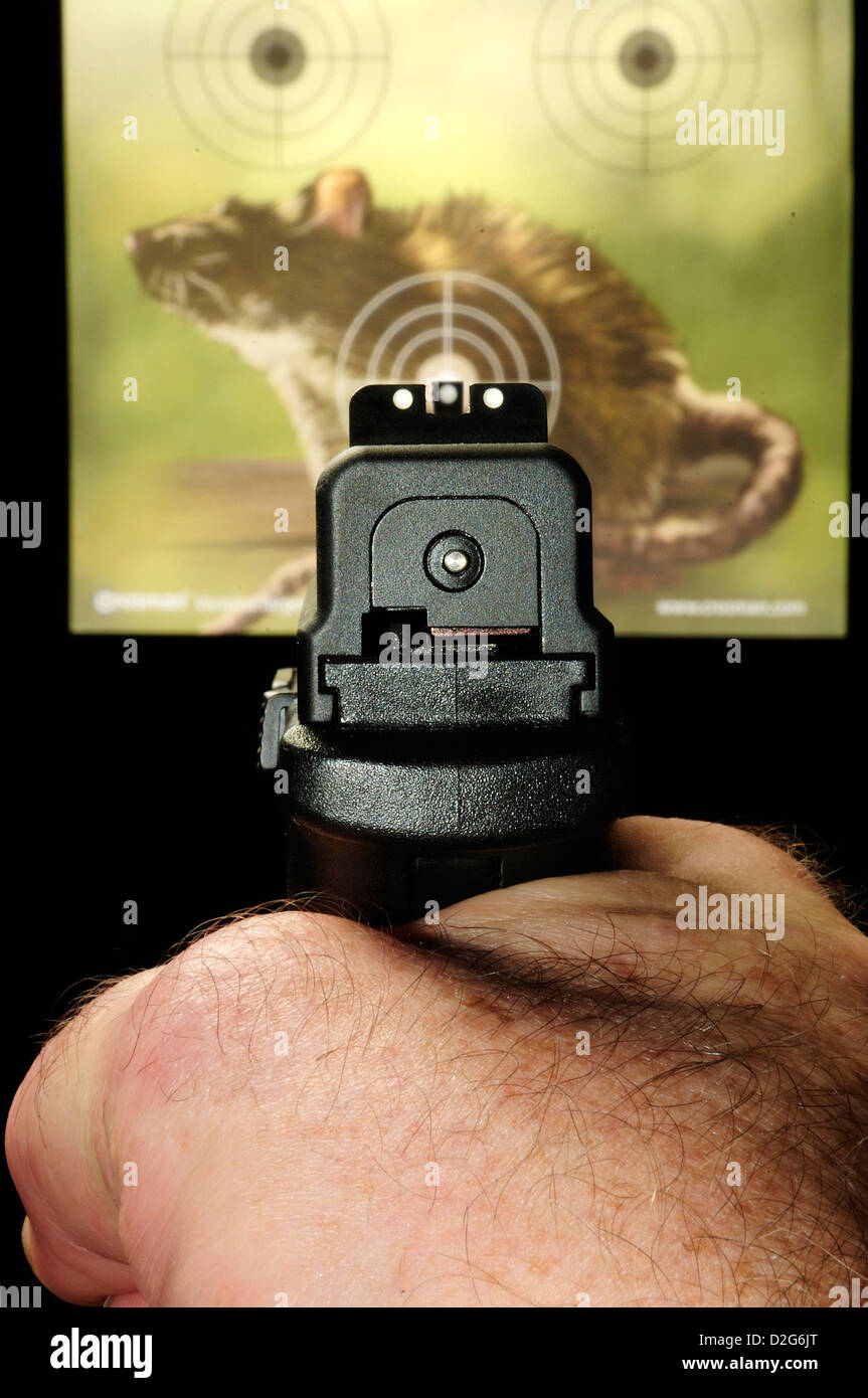 Shooters hand aiming 9mm Springfield Armory XD semi-automatic pistol ...