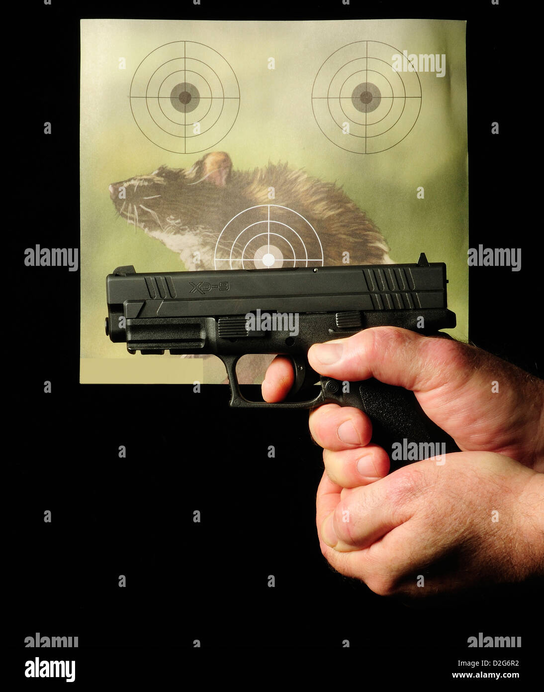 Shooters hand aiming 9mm Springfield Armory XD semi-automatic pistol ...