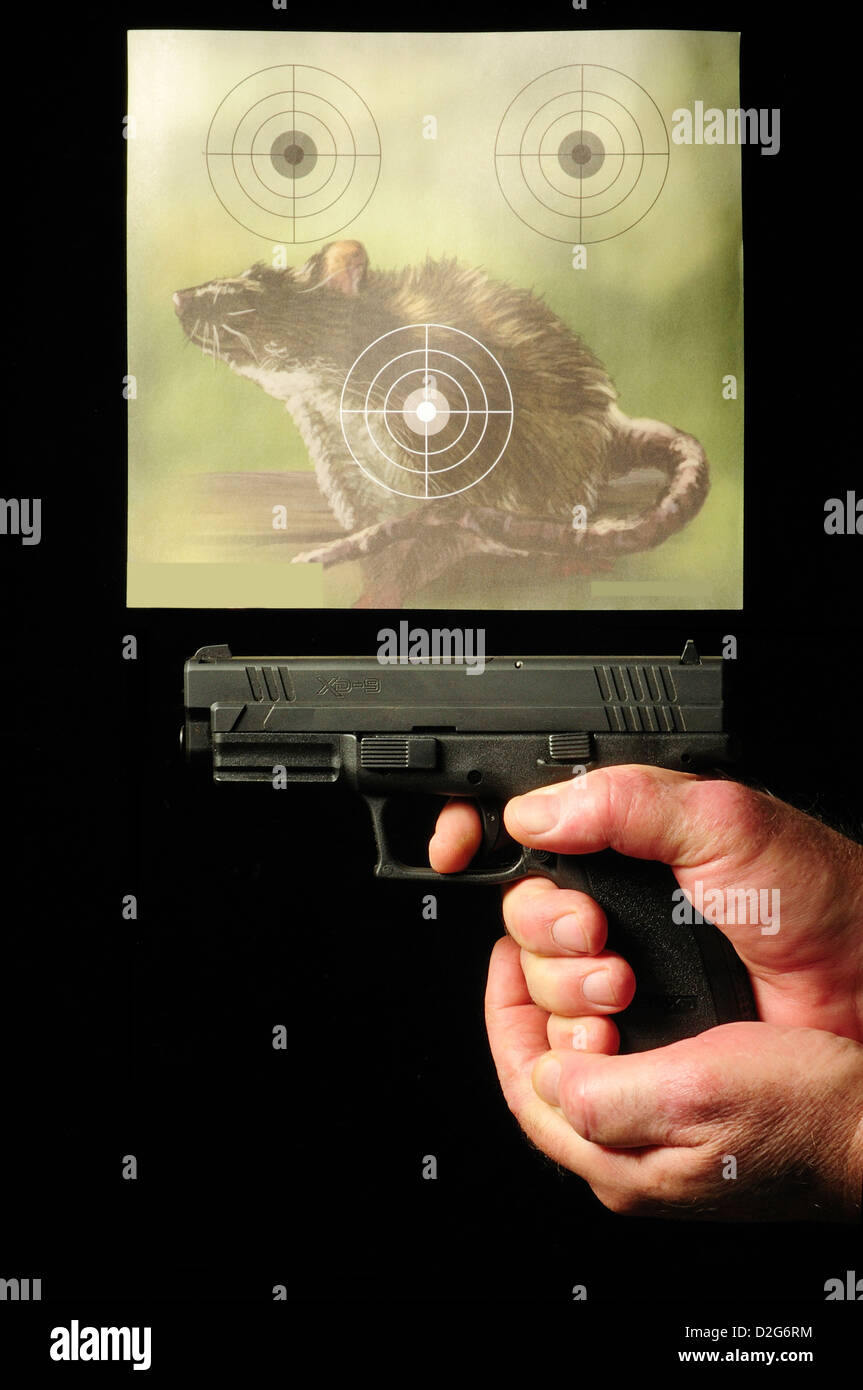 Shooters hand aiming 9mm Springfield Armory XD semi-automatic pistol ...