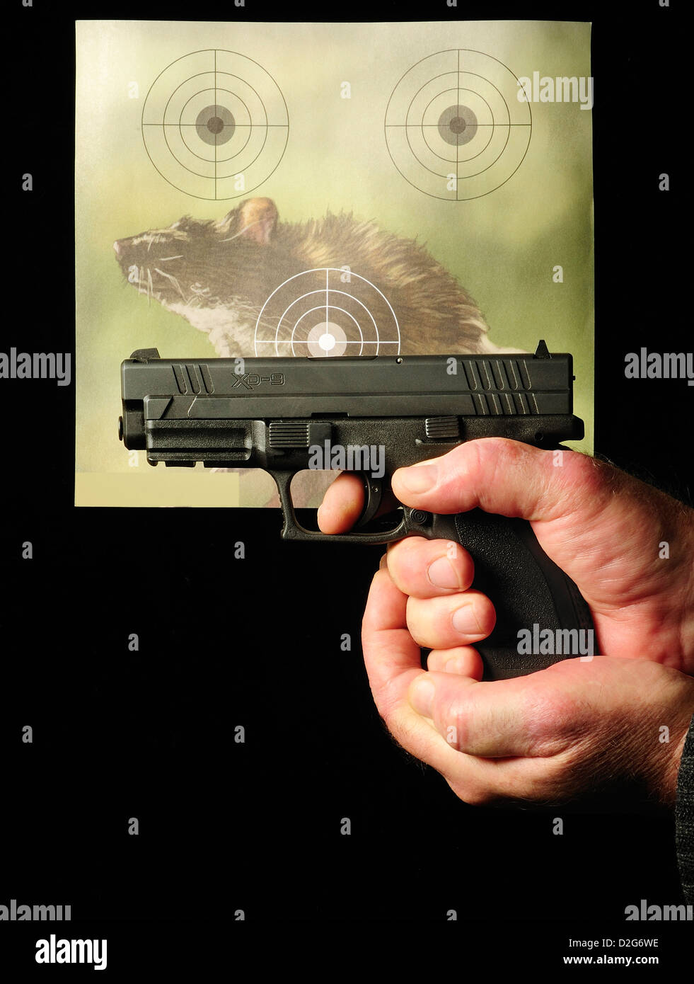 Shooters hand aiming 9mm Springfield Armory XD semi-automatic pistol ...