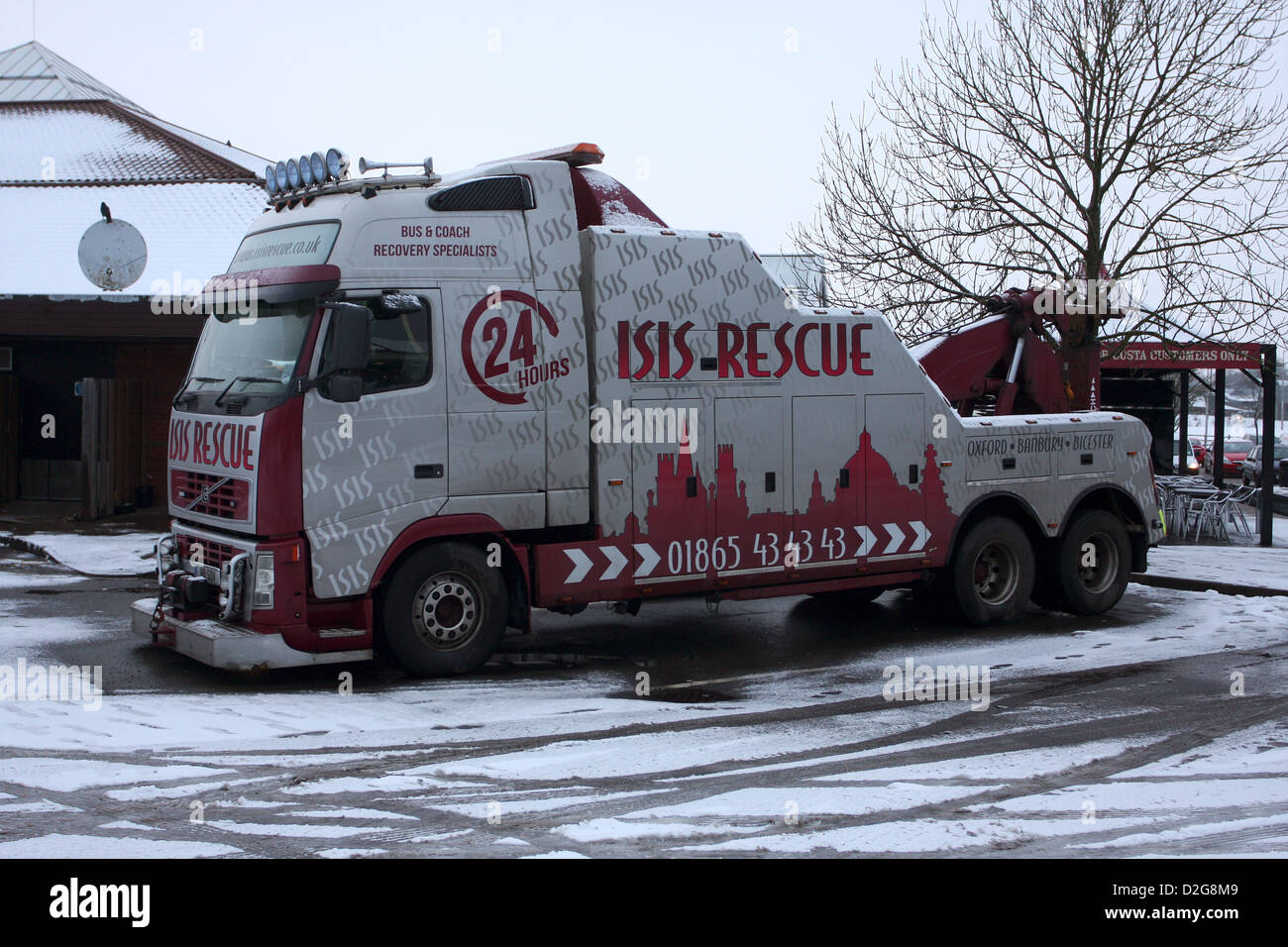 Chieveley, motorway services in the left over snow in January 2013 ...