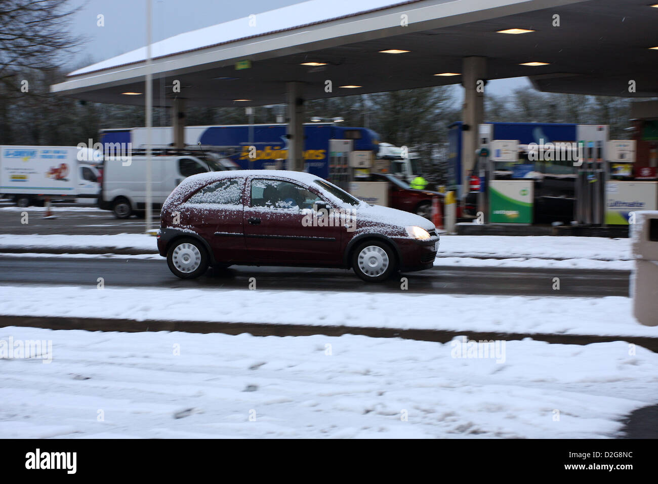 Chieveley, motorway services in the left over snow in 23rd January 2013 ...