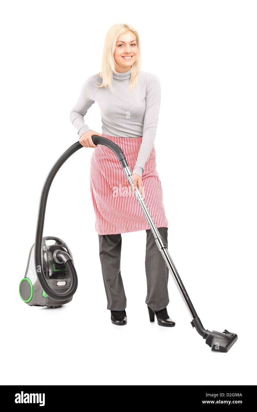 Full length portrait of a woman cleaner with hover isolated on white ...