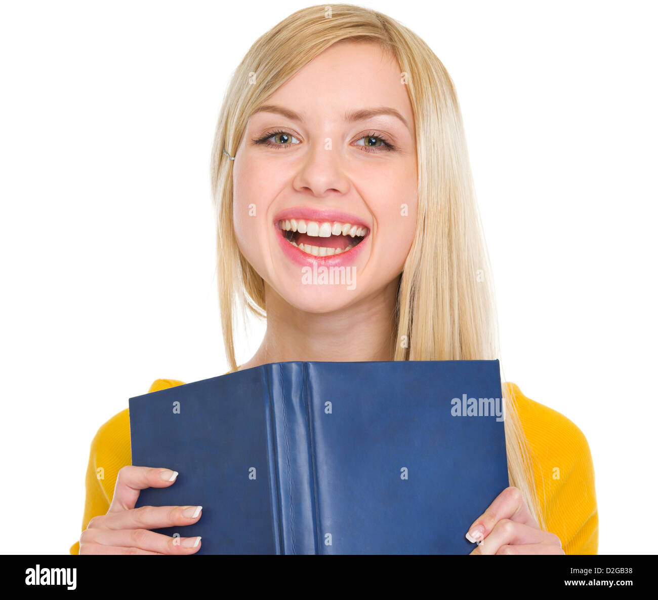Portrait of smiling student girl with book Stock Photo - Alamy