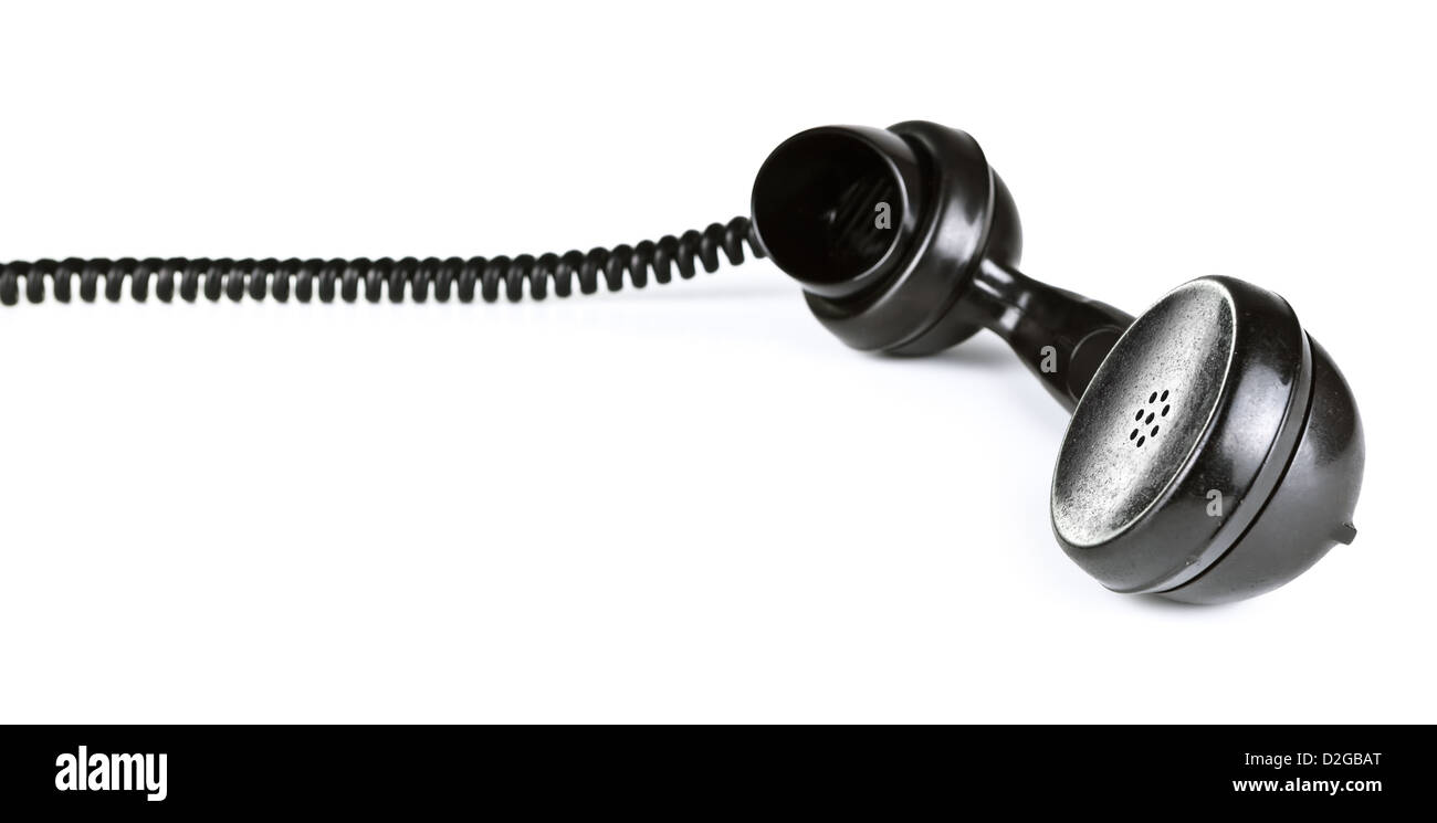 Old black telephone receiver with cord on white background Stock Photo ...
