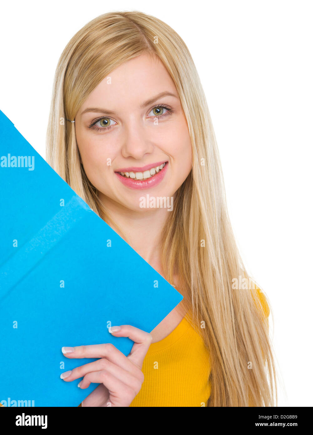Portrait of happy student girl with book Stock Photo - Alamy