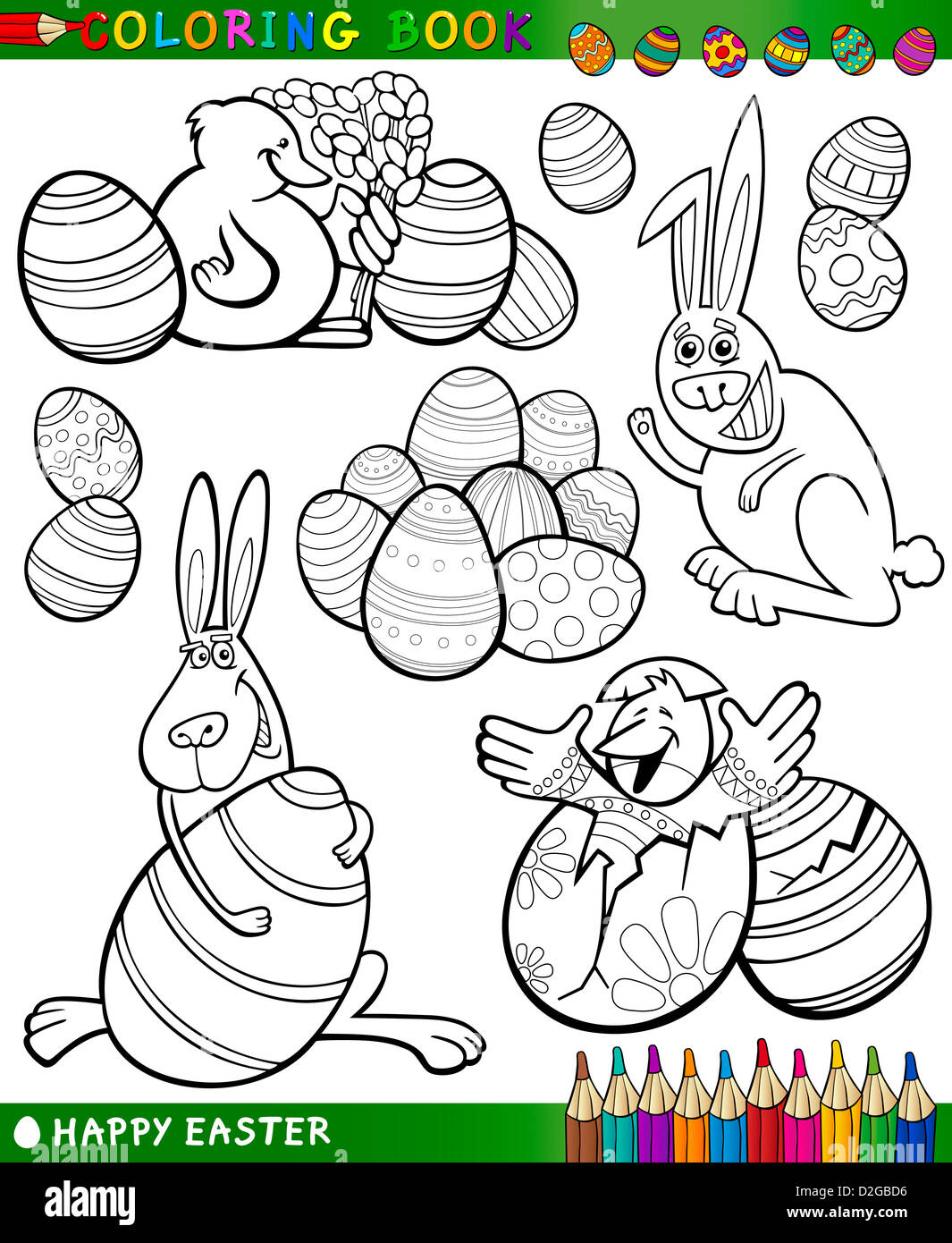 Easter Themes Collection Set of Black and White Cartoon Illustrations ...