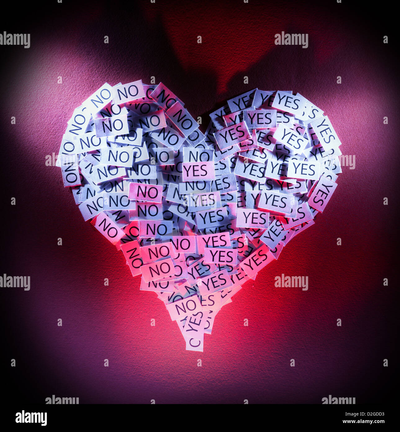 Multiple yeses and noes written on white paper compose heart Stock ...