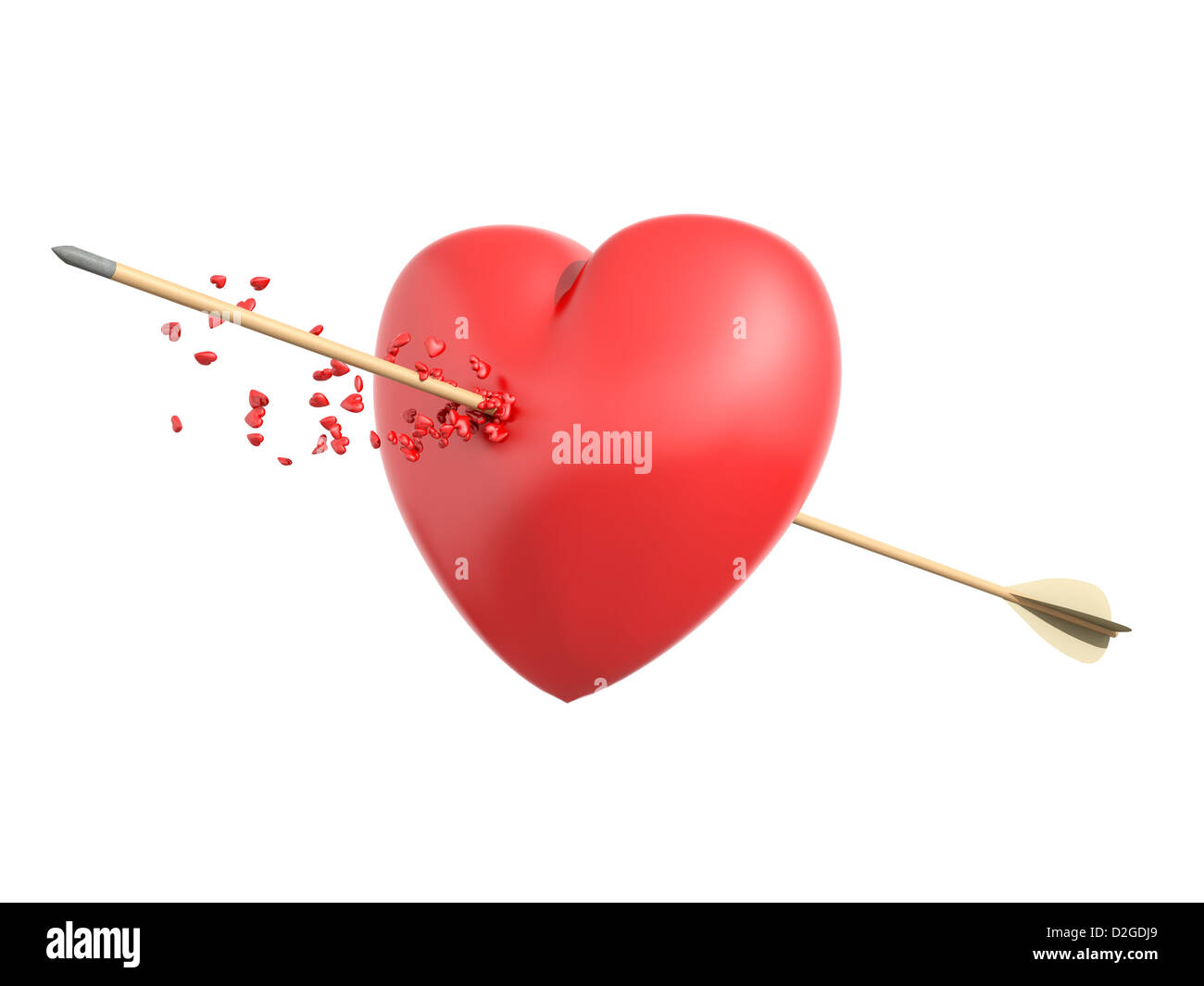 Smitten heart with a wooden arrow shedding little hearts in an isolated ...