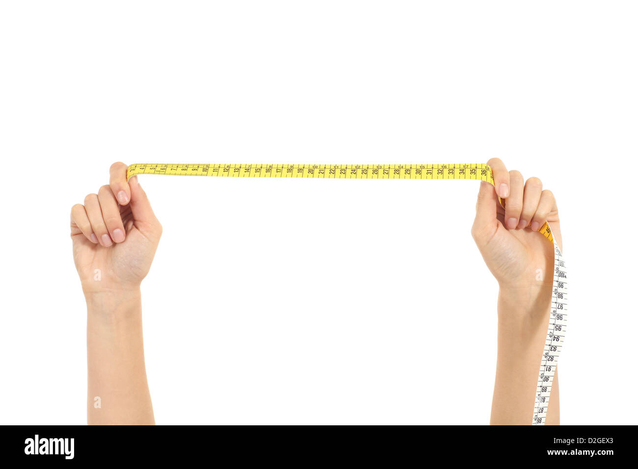 Beautiful woman hand stretching a measure tape on a white isolated ...