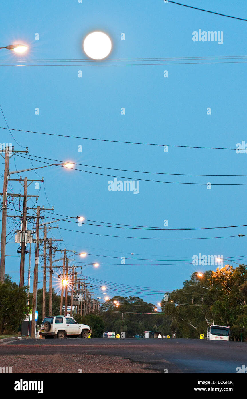 full moon over street scene at Lightning Ridge, NSW, Australia Stock ...