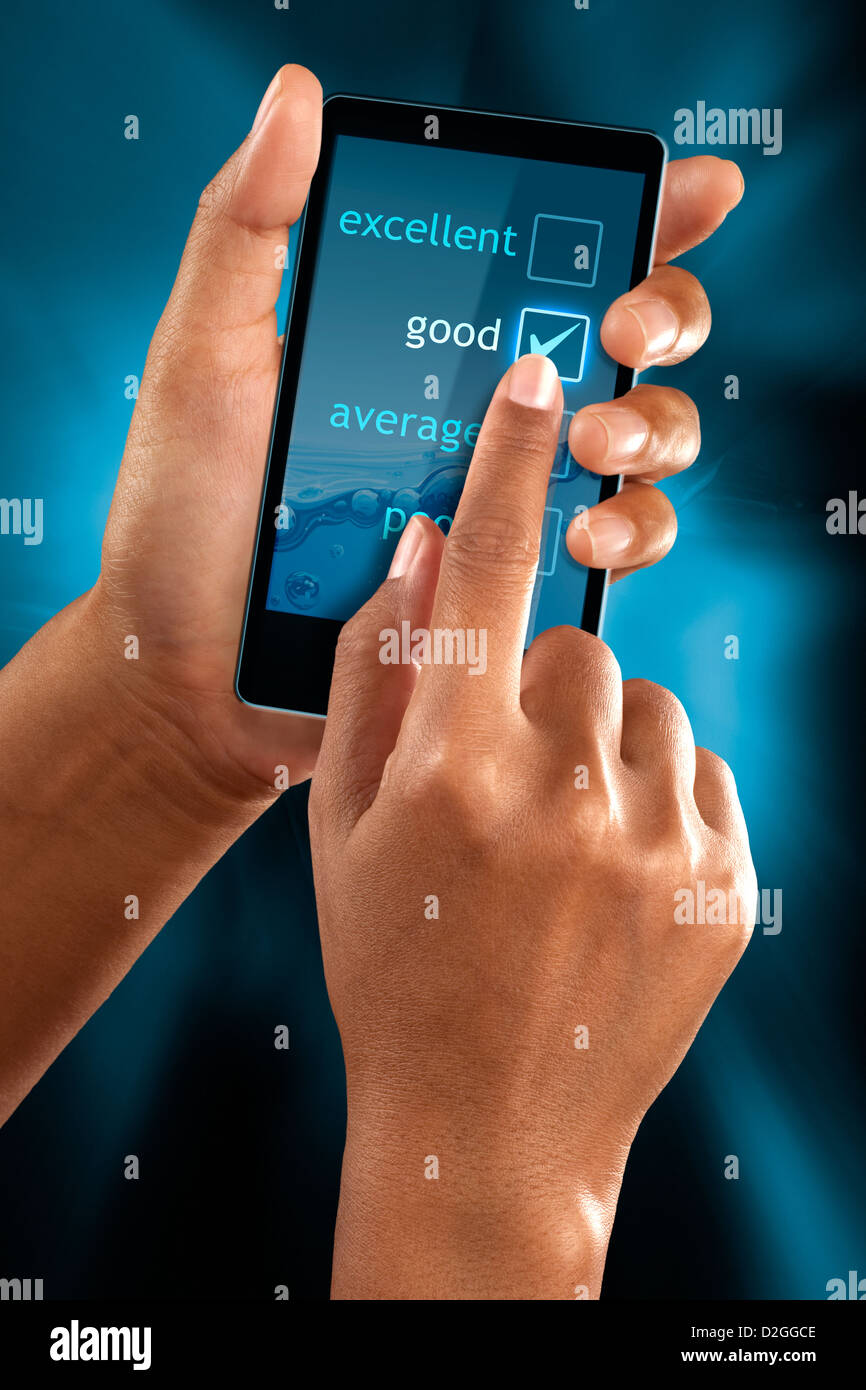 A woman use a mobile phone to answer a questionnaire Stock Photo - Alamy