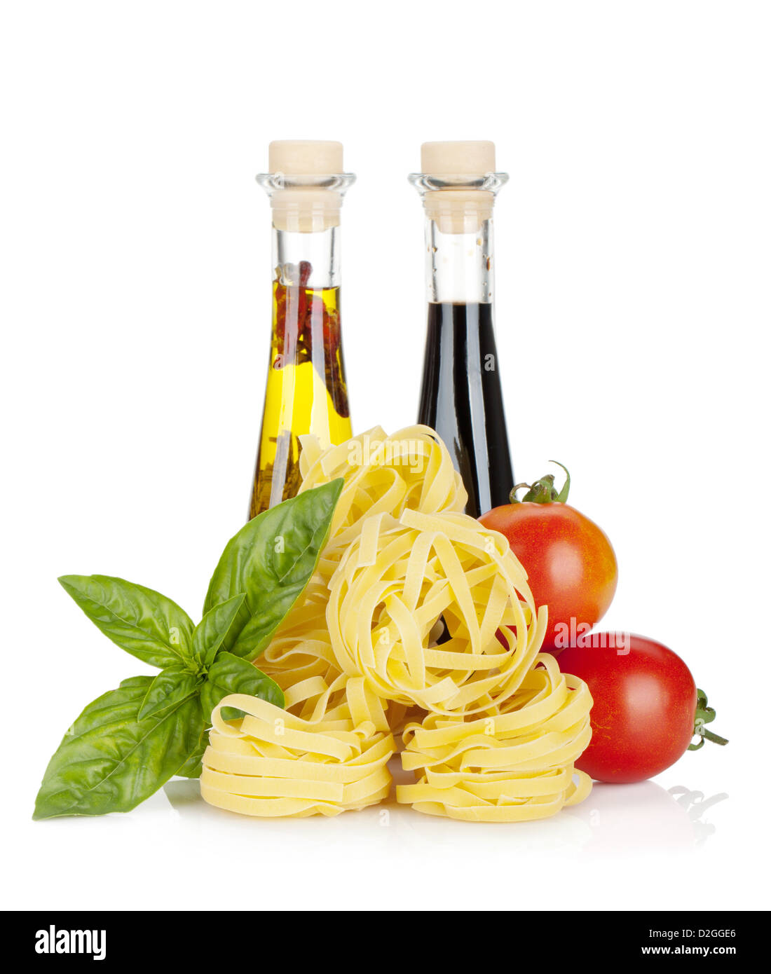 Italian colors food. Basil, pasta, tomatoes, olive oil and vinegar ...