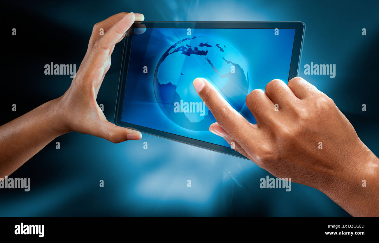 a woman hands use a digital tablet to check a destination on a map ...