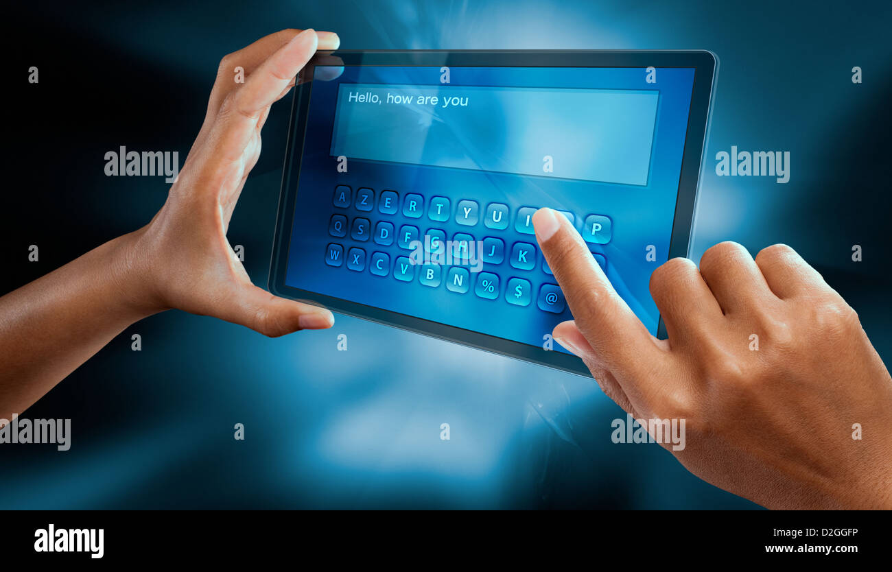 a woman hands use a digital tablet to type a mail Stock Photo - Alamy