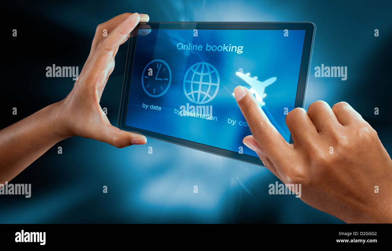 a woman hands use a digital tablet to book a ticket plane on a website ...