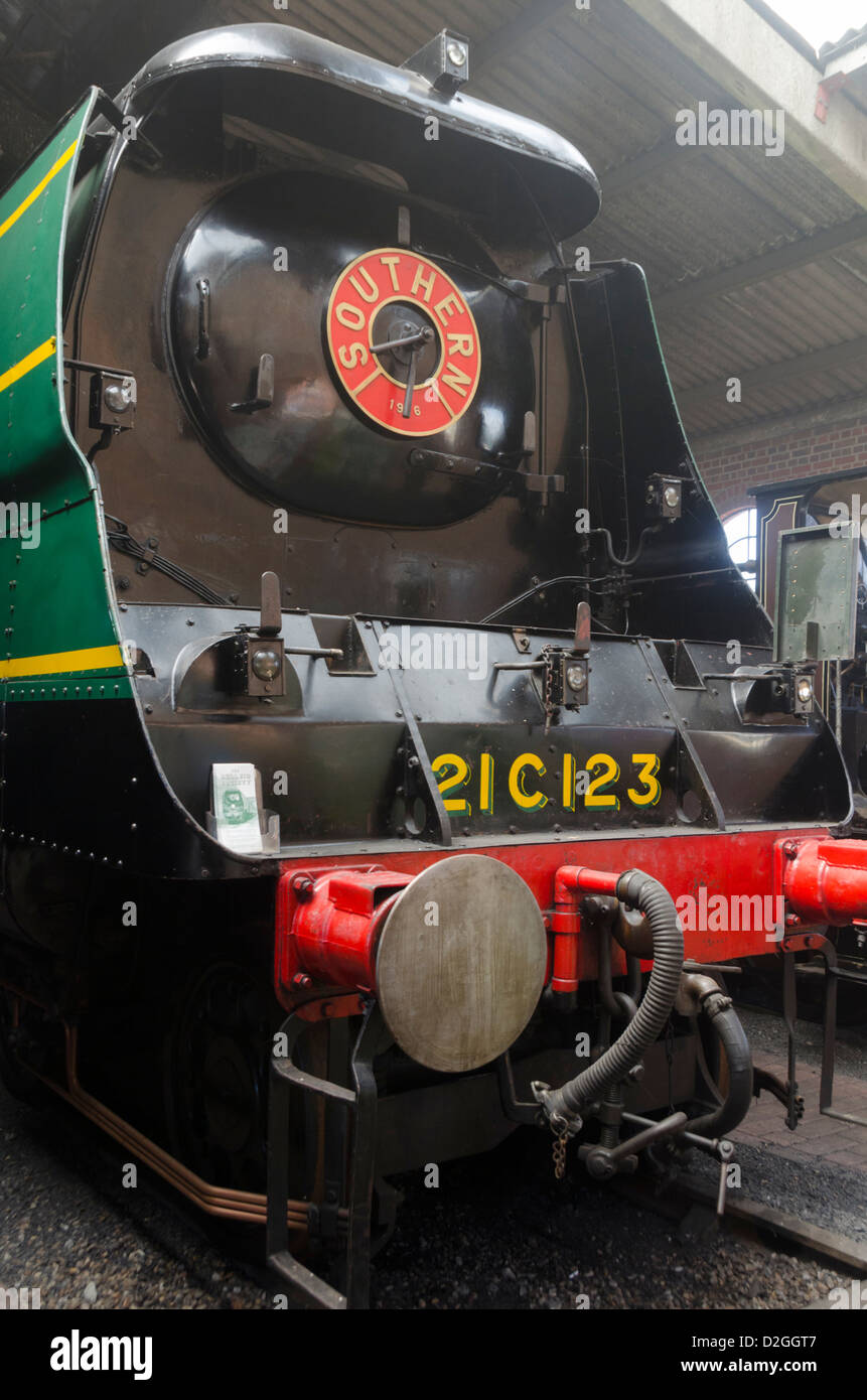 Merchant Navy Class steam engine "Blackmoor Vale" in shed at Bluebell ...