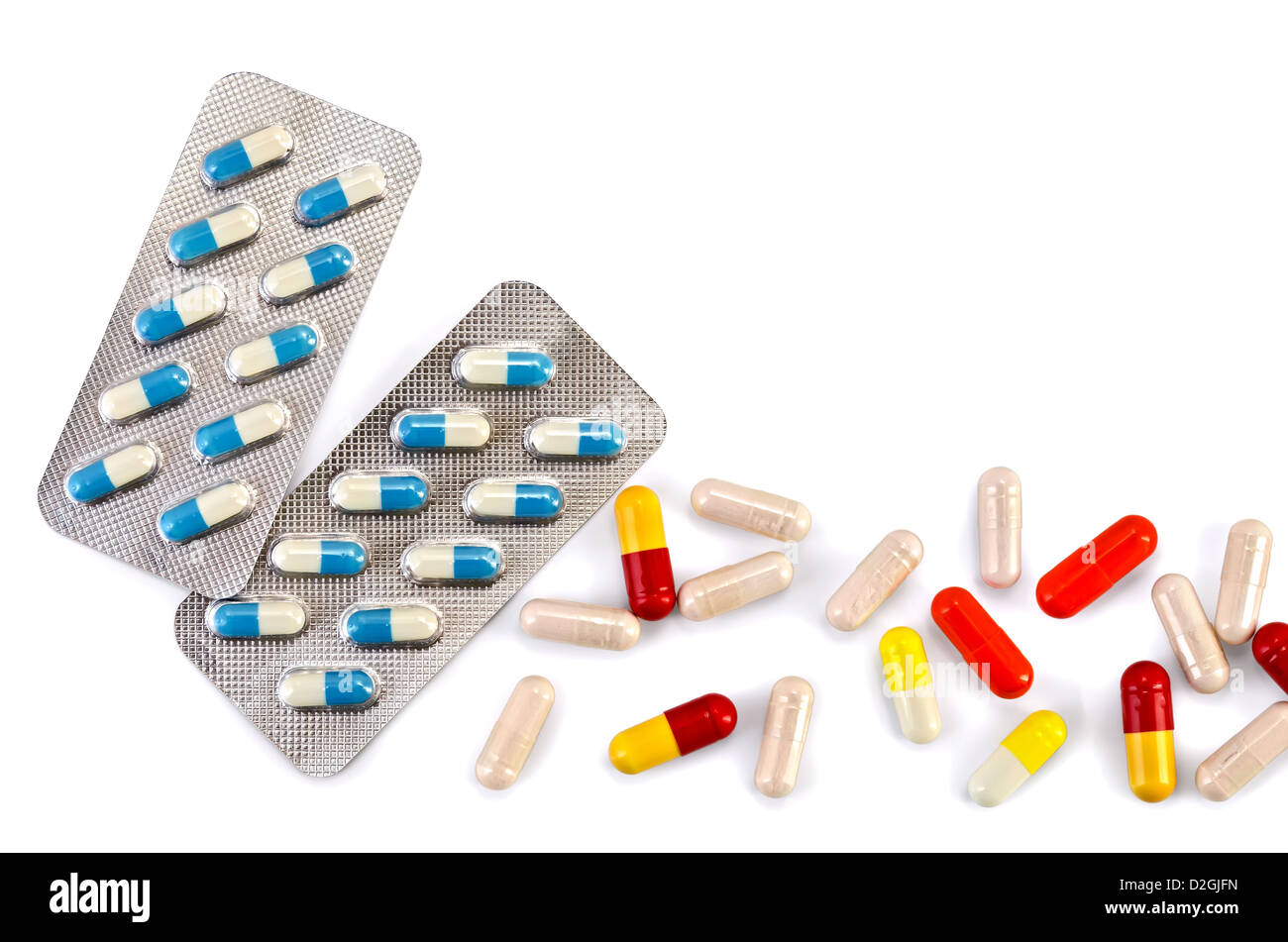 Blue capsules in two packs, capsules red, yellow and beige isolated on ...