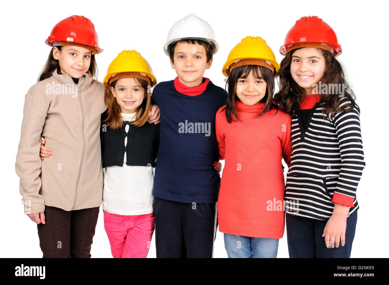 Group of children posing with protective helmets isolated in white ...