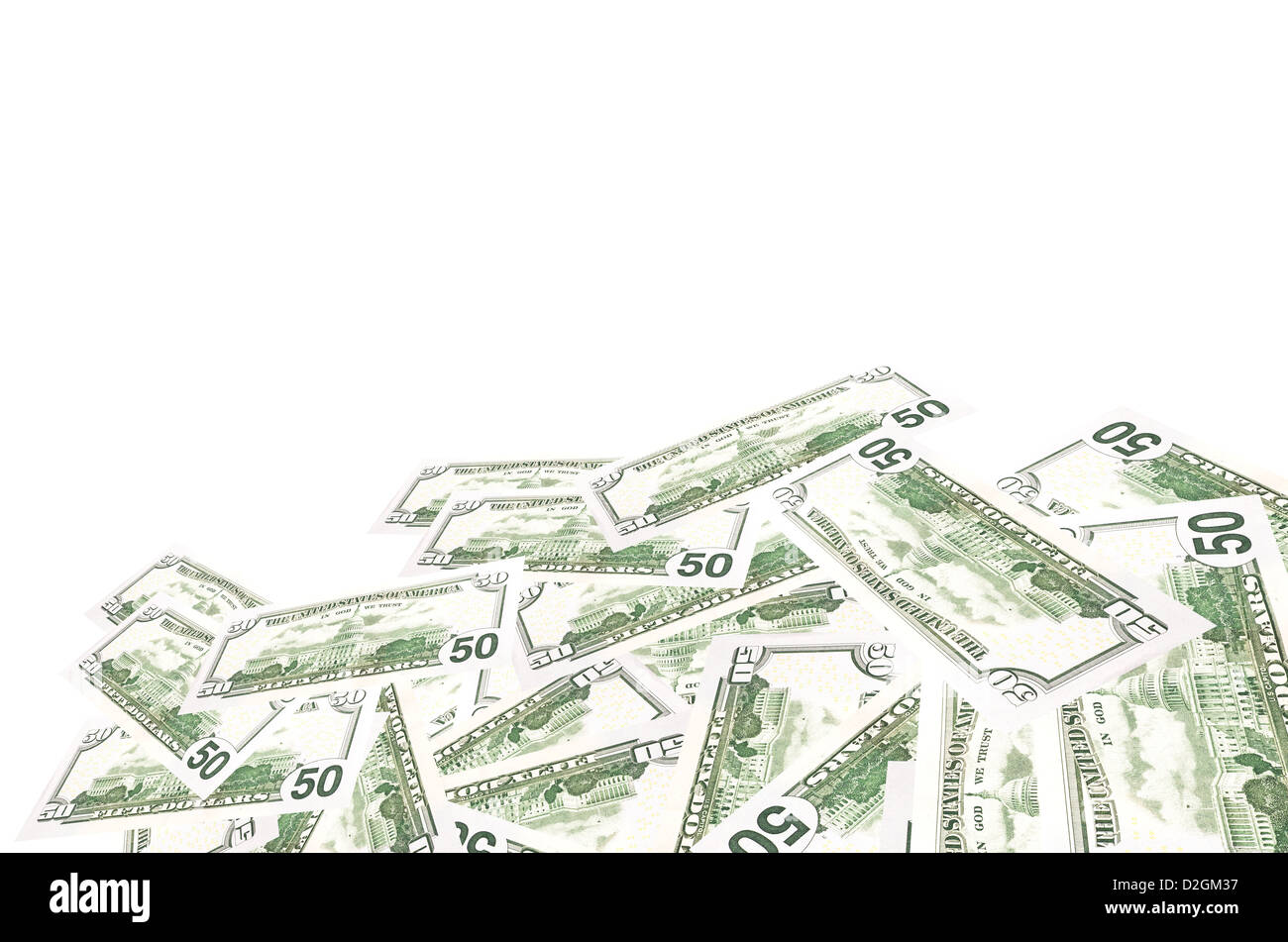 A stack of fifty 50 dollar bills fanned out with the back US Capitol ...