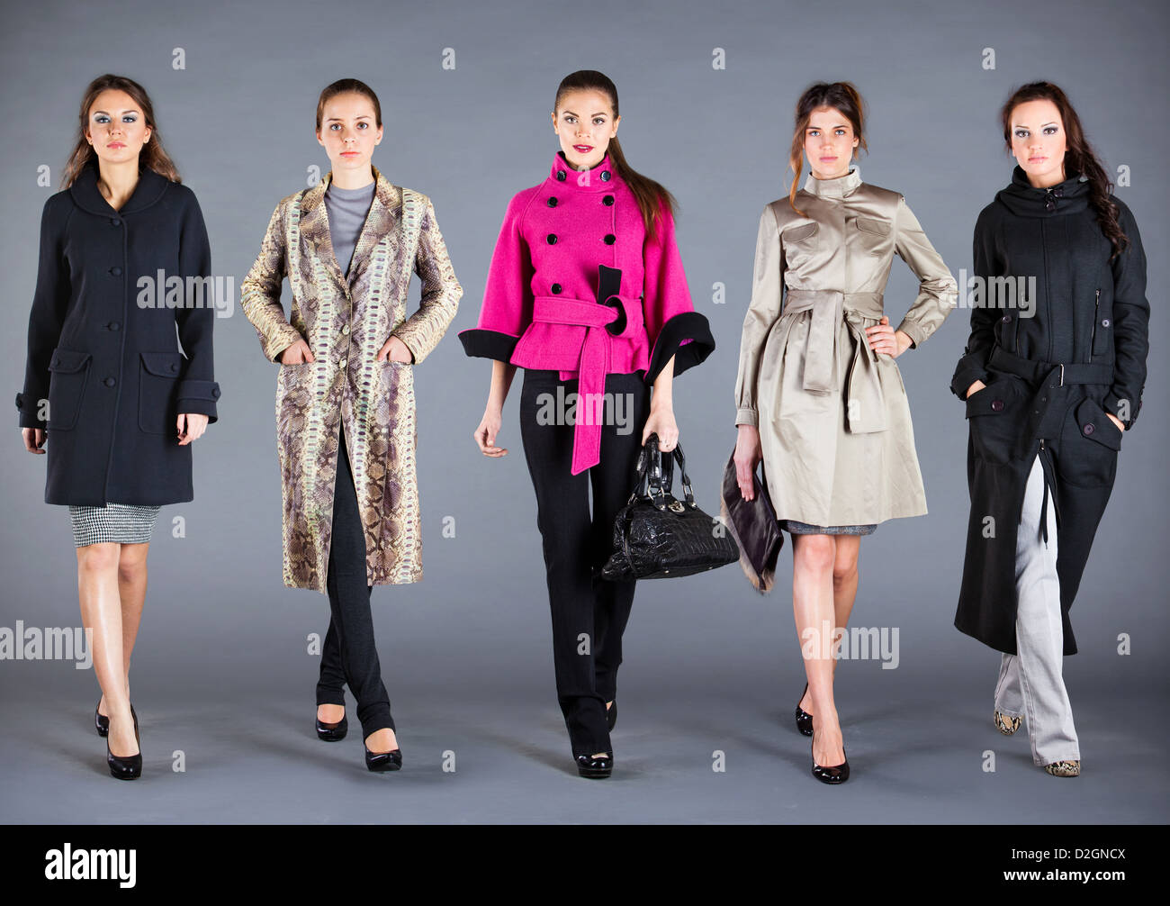 Five girls in different clothes, autumn winter collection clothes Stock ...