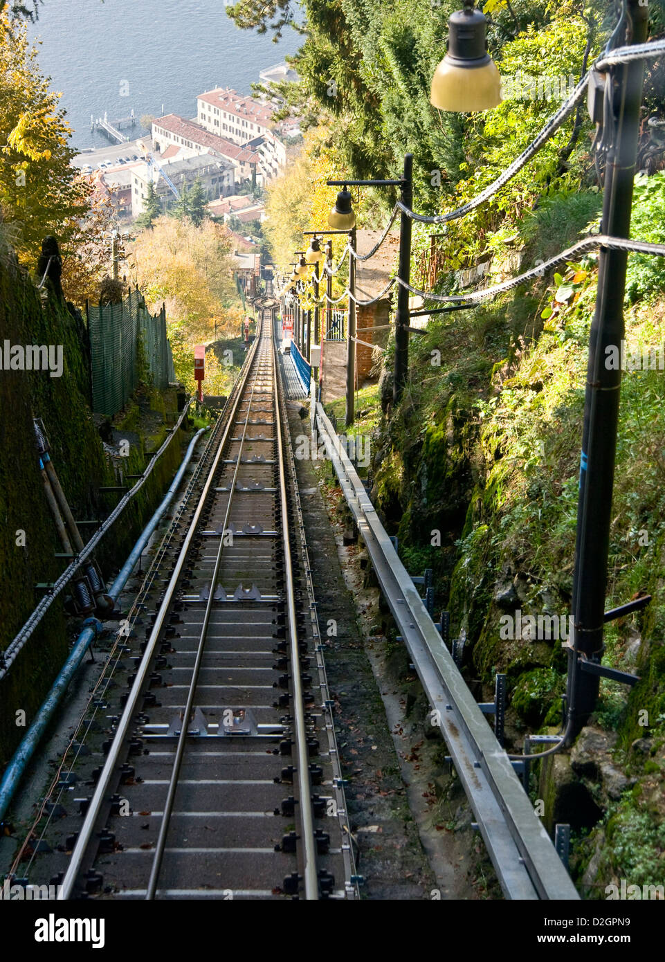 Steep funicular railway track from Brunate to Lake Como Lombardy Italy ...