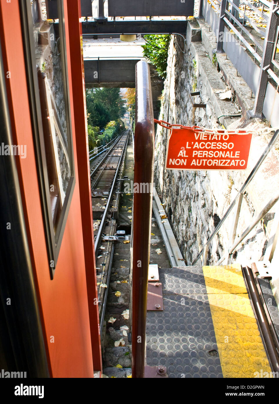 View down steep funicular railway track from Brunate to Como Lombardy ...