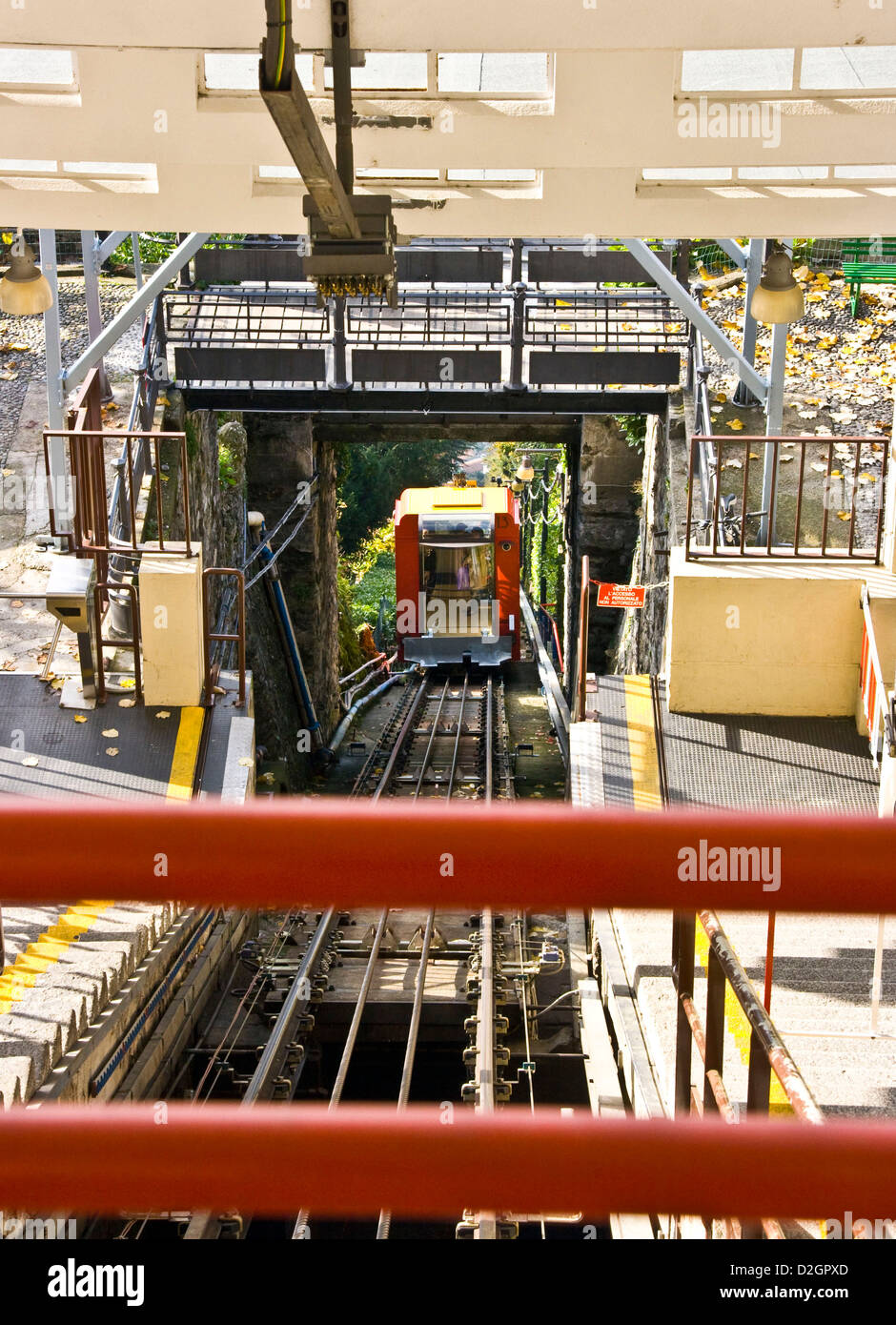 Funicular train railway railroad car on track from Brunate to Como ...