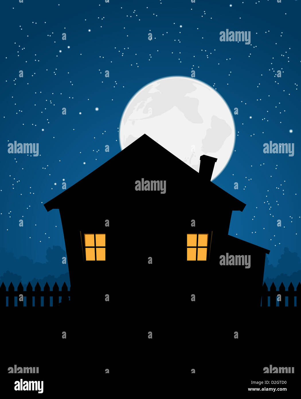 Illustration of a cartoon house by a starry night Stock Photo - Alamy