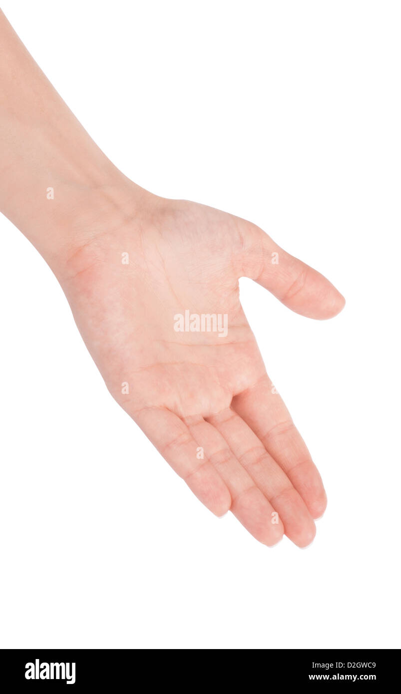 Empty open woman hand on white background Stock Photo - Alamy