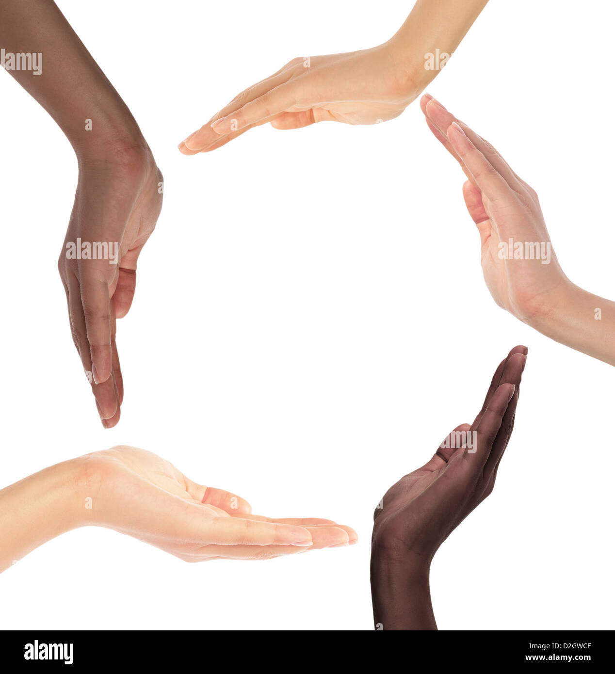 Conceptual symbol of multiracial human hands making a circle on white ...