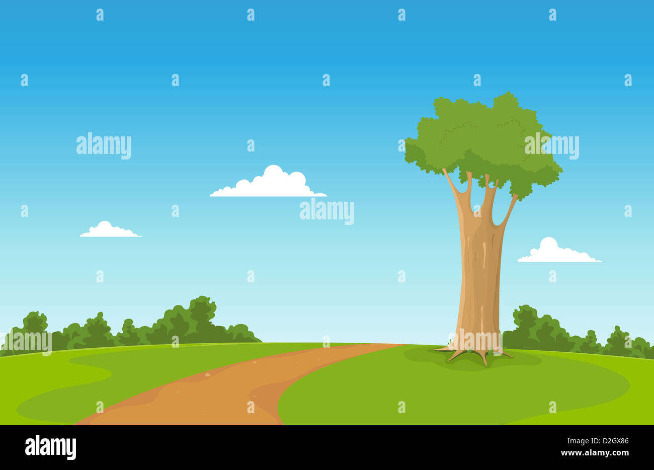 Illustration of a cartoon tree inside spring field with way to walk ...