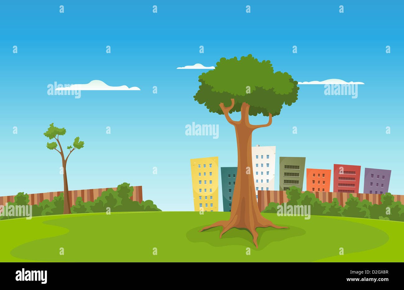 Illustration of a cartoon urban green park with cityscape behind Stock ...