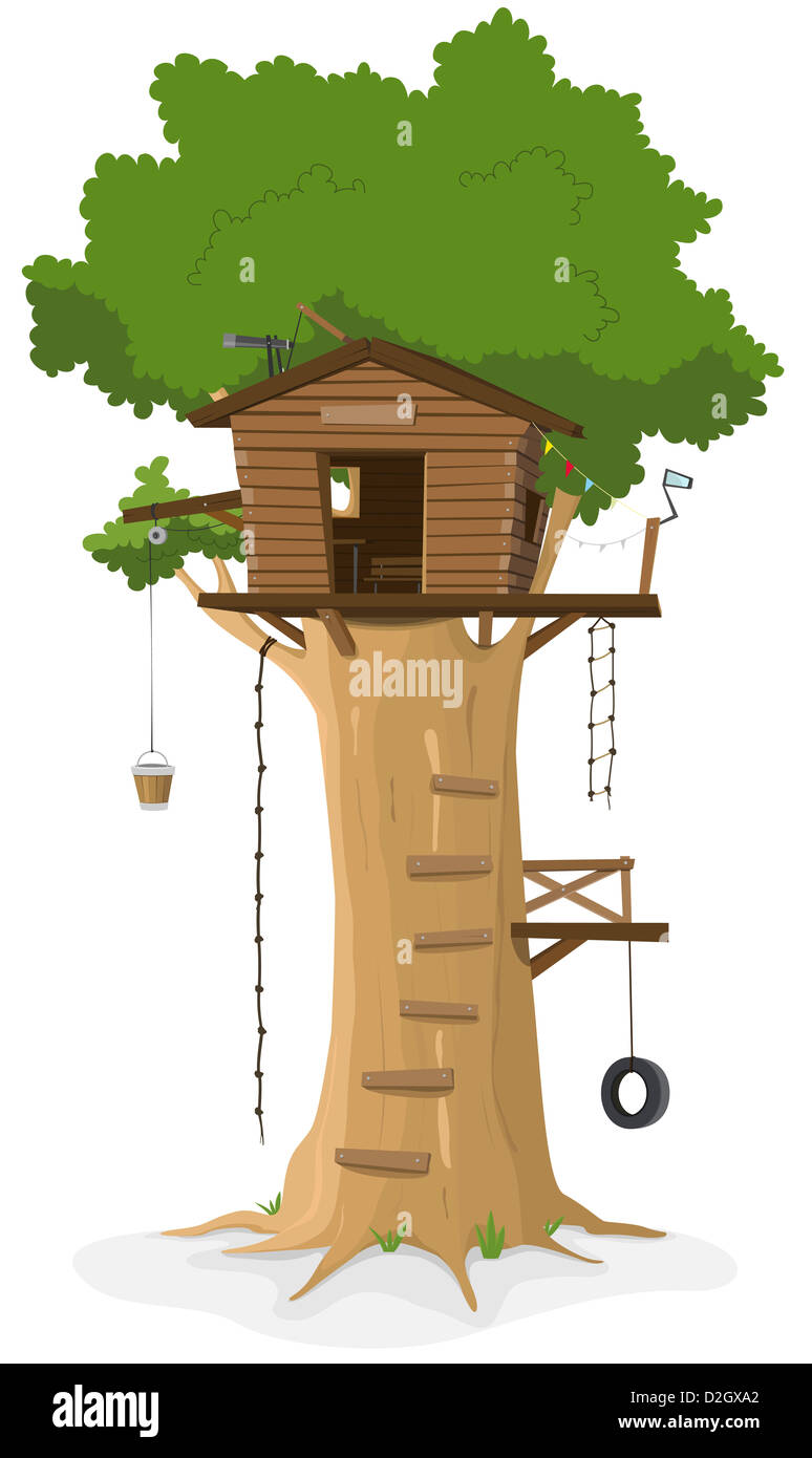 Illustration of a cartoon tree house in big oak isolated on white ...