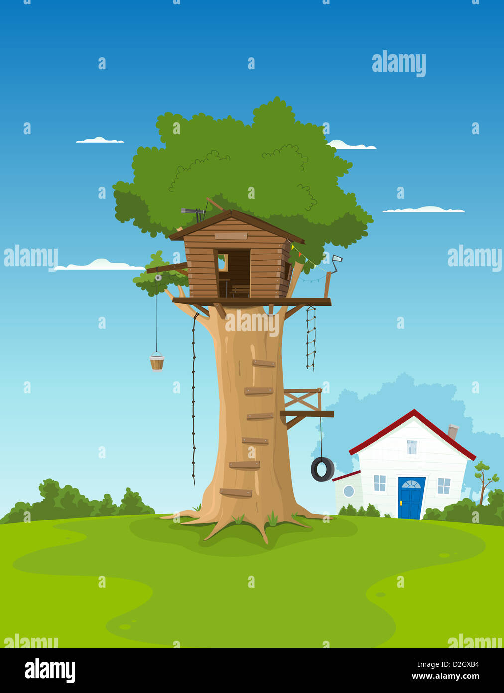 Illustration of a cartoon tree house in big oak inside garden landscape ...