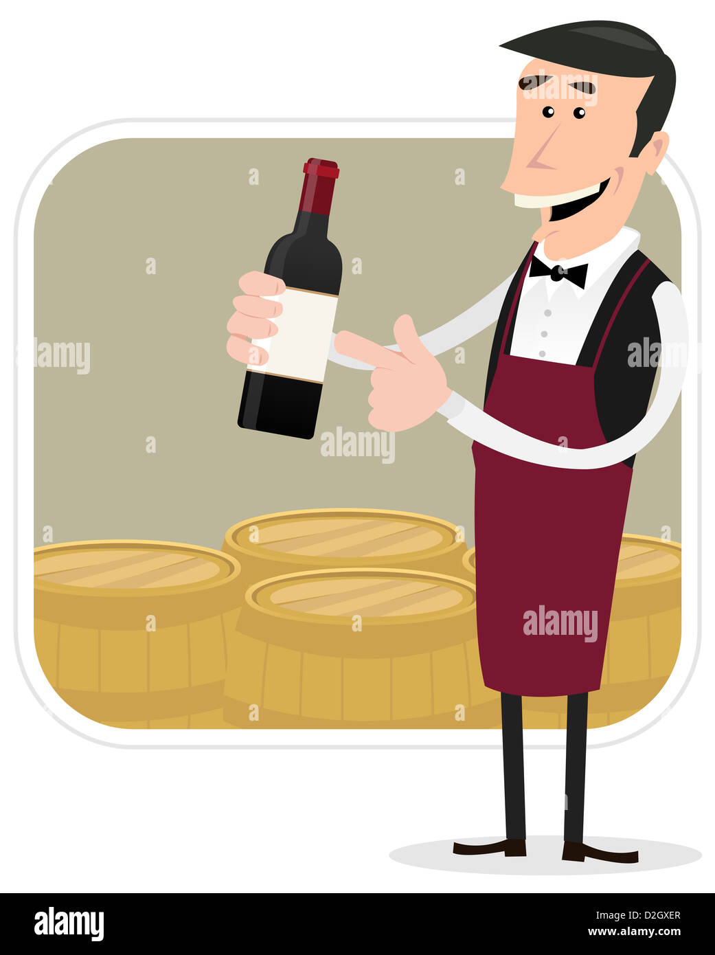 Illustration of a cartoon winemaker holding bottle of red wine with ...