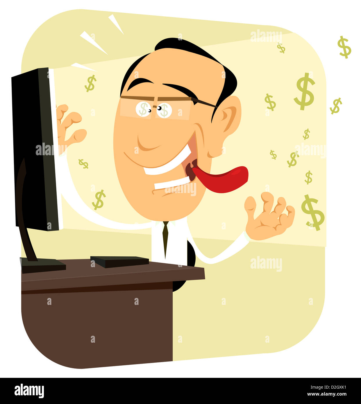 Illustration of a crazy trader going sick with money on his computer ...