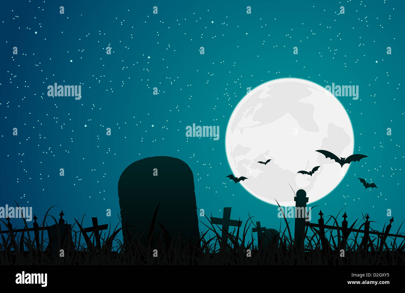 Illustration of a gravestone with cemetary landscape and bright full ...