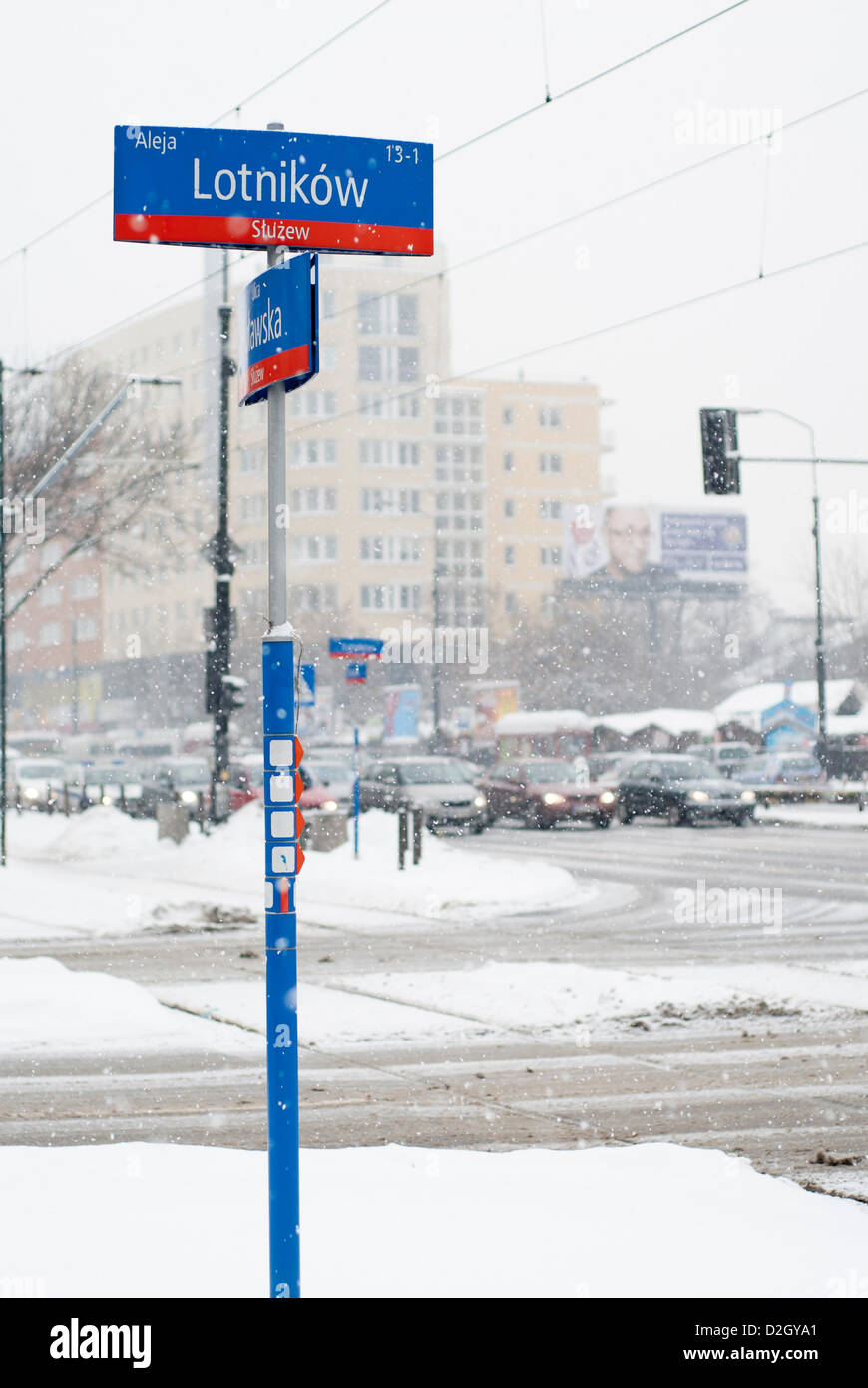 Warsaw, Poland, 24th January 2013. Heavy snowfall in Warsaw. Commuters ...
