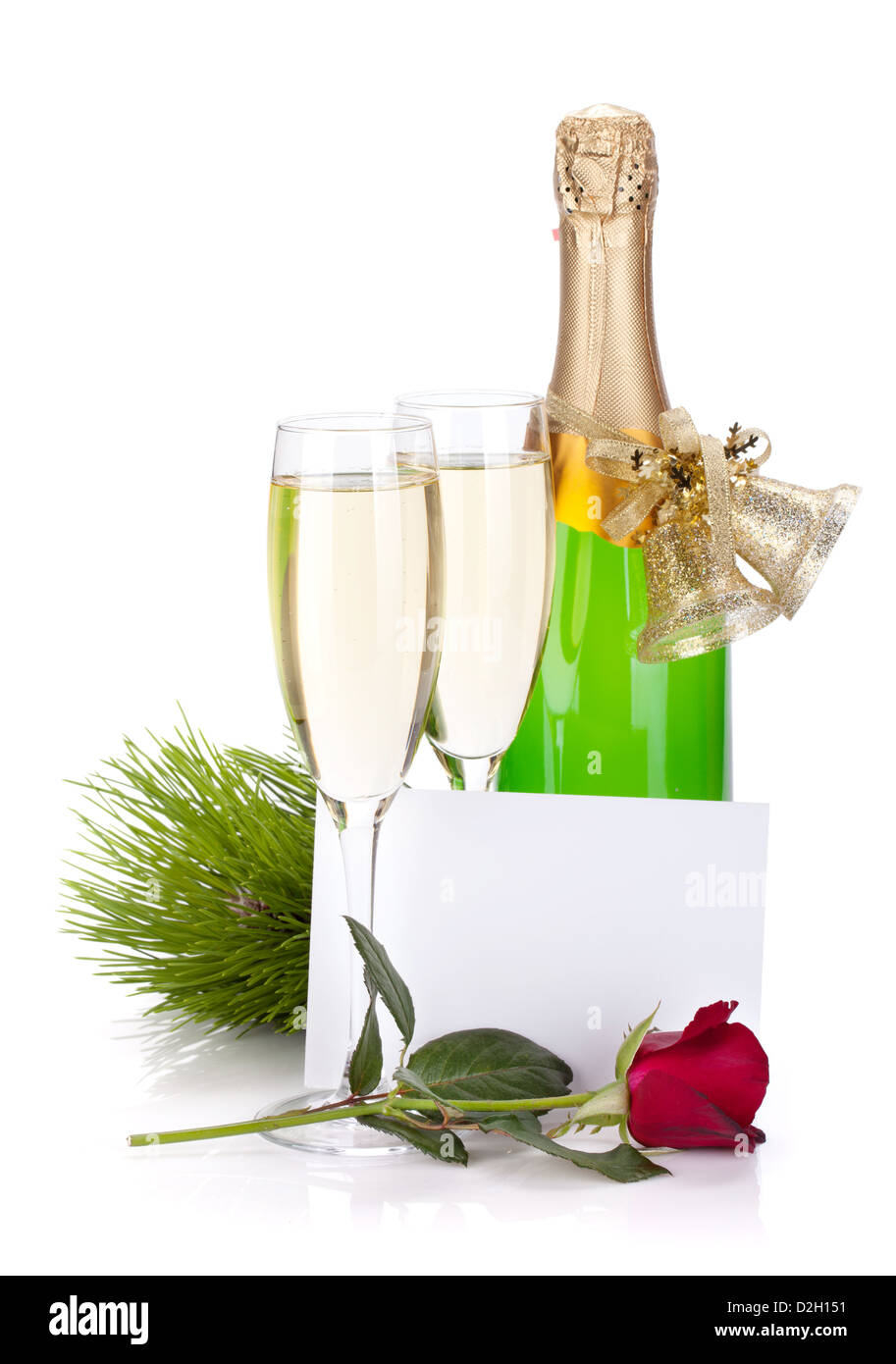 Champagne, empty card and rose flower. Isolated on white background ...