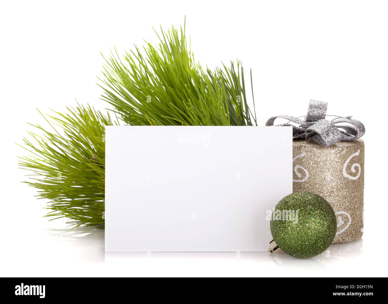 Empty gift card and christmas decor. Isolated on white background Stock ...