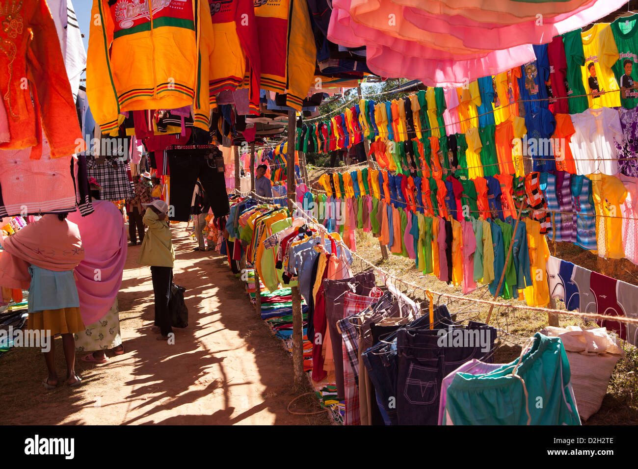 Madagascar, Ivato, market, colourful textiles on sale Stock Photo - Alamy