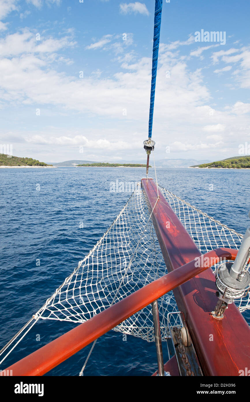 A traditional gulet ship sailing towards Maslinica on Solta Island ...