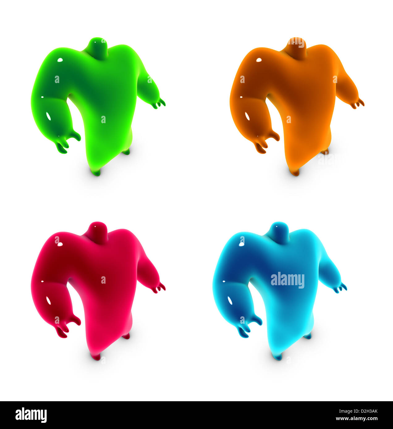 4 colored gloomy glossy 3d character in a heroic pose on white Stock ...