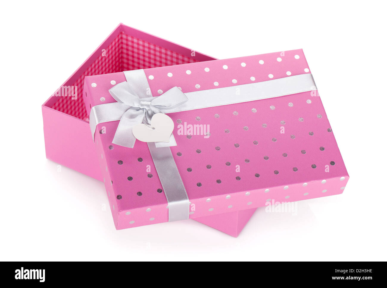 Opened pink gift box with ribbon and bow. Isolated on white background ...