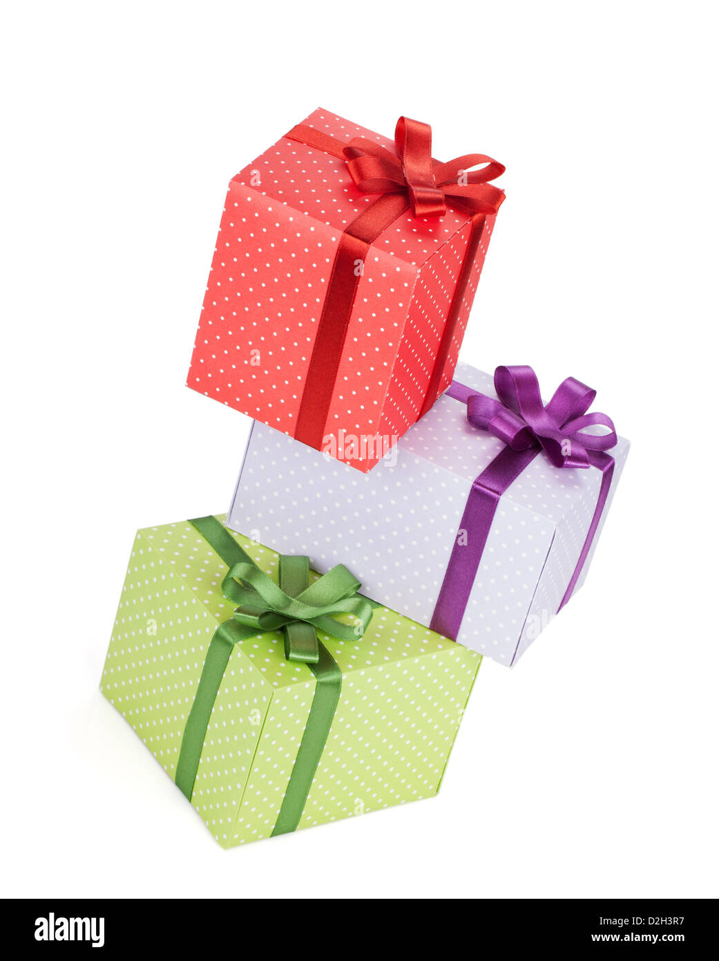 Three gift boxes with ribbon and bow. Isolated on white background ...