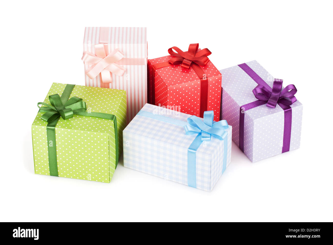 Colorful gift boxes with ribbon and bow. Isolated on white background ...