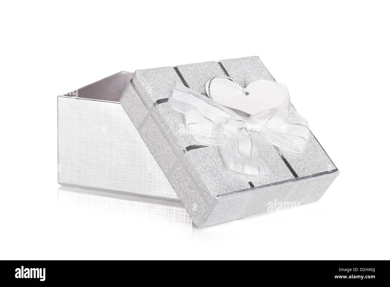 Silver gift box with bow and heart label. Isolated on white background ...