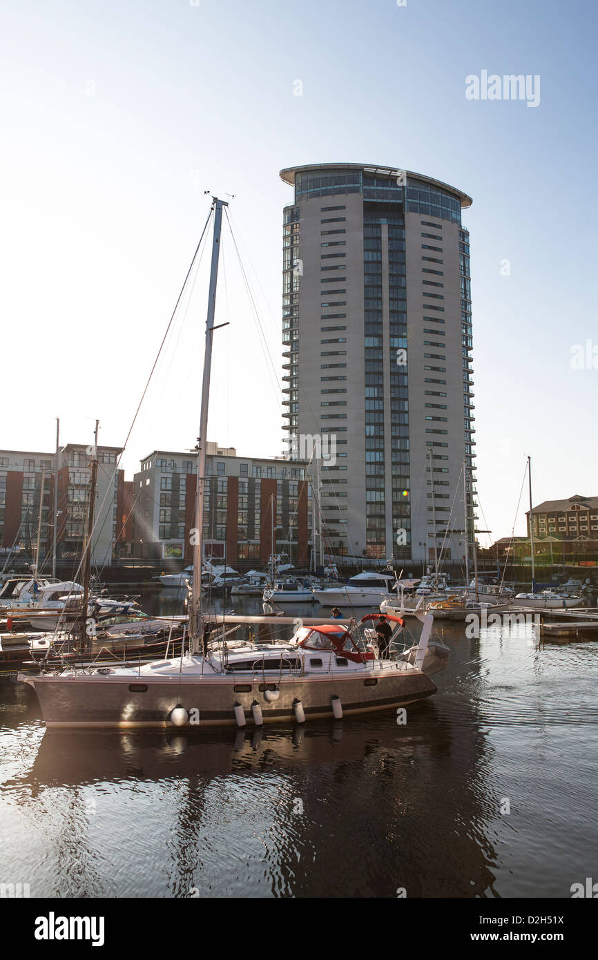 A boat sails past the Meridian Tower in Swansea Marina, west glamorgan ...