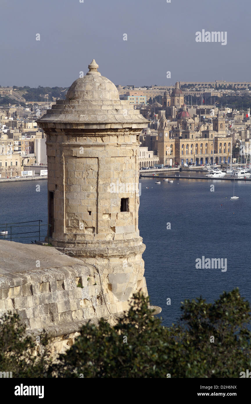 Malta, Valletta, watch tower over looking the grand harbour Stock Photo ...
